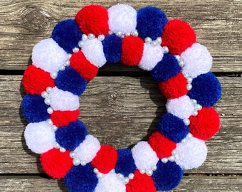 Patriotic 4th of July, Memorial Day, Pom Pom Wreath - Red, White, Blue ...