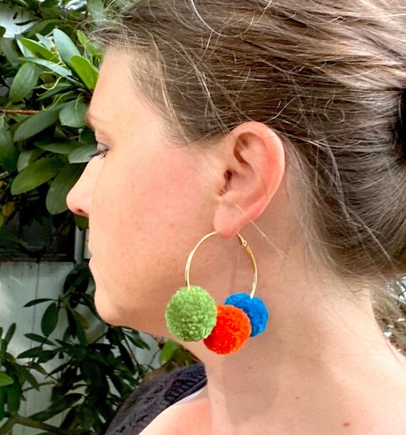 Halloween Pom Pom Hoop Earrings Orange Green and Blue Halloween Accessories Halloween Costume Etsy