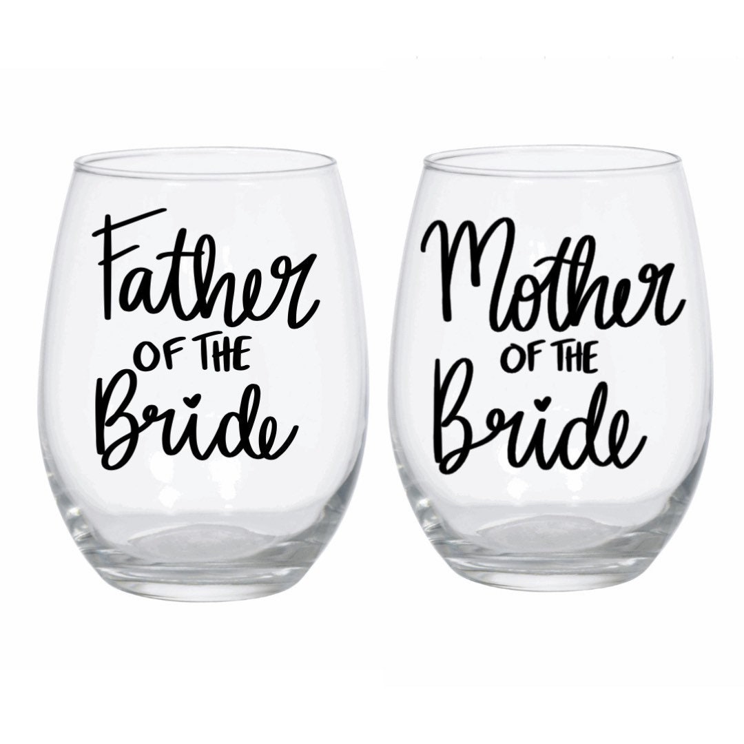 Mother & Father of the Bride Wedding Gift Set | Stemless Wine Glass Set ...