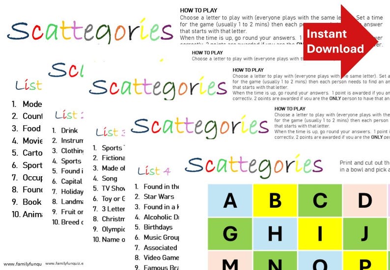 Scattegories Game: 40 Unique Categories - Family Game Night (PDF ...