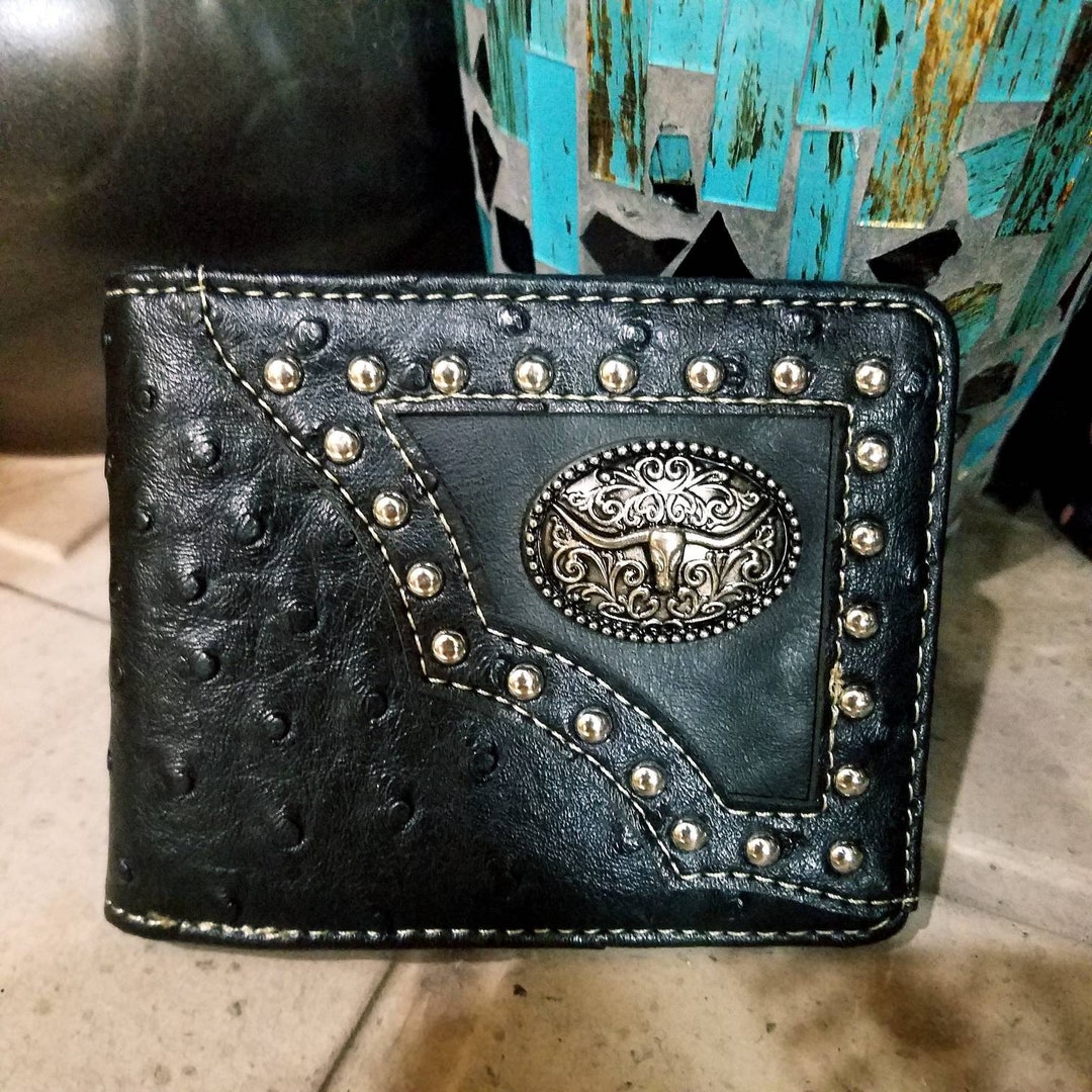 Longhorn Mens Wallet Western Bifold Wallet Ostrich Black Short Texas ...