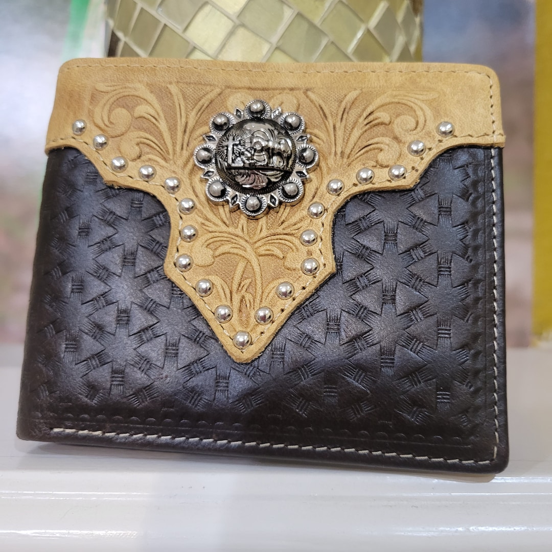 Praying Cowboy Mens Western Genuine Leather Wallet Short Bifold ...