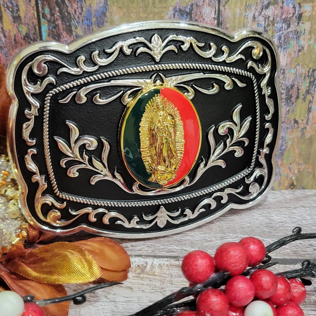 Virgen De Guadalupe Western Belt Buckle Virgen Mary Silver Heavy Blak ...