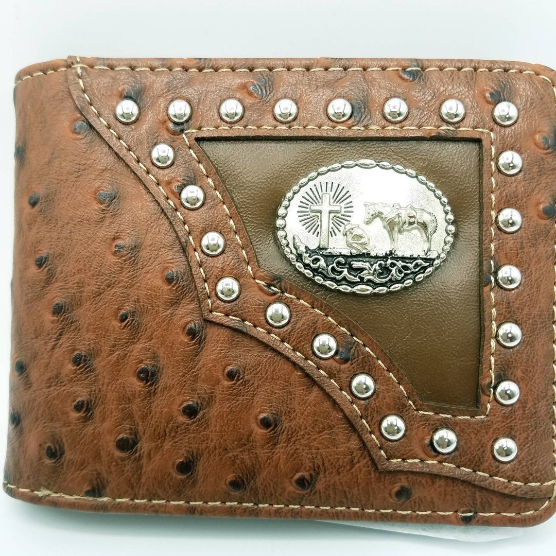 Personalized Western Wallet Praying Cowboy Bifold Ostrich Brown Faux ...