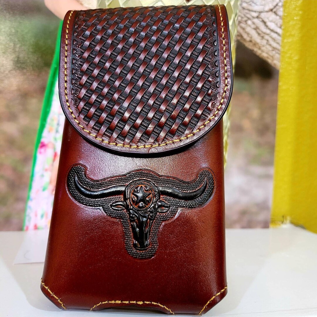 Longhorn Western Phone Case Genuine Leather Belt Loop Phone Holster ...