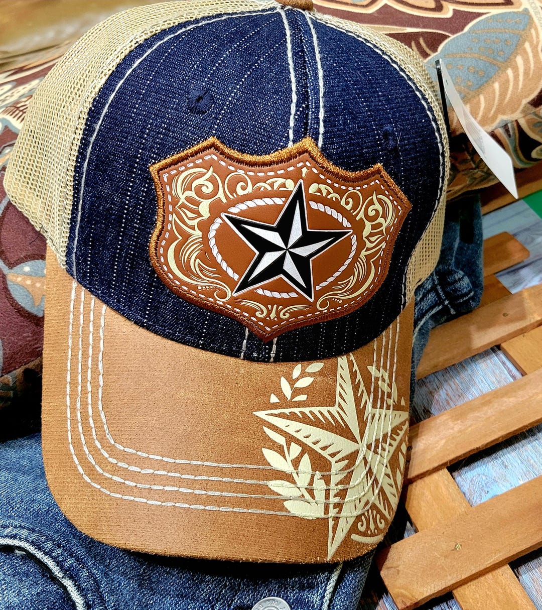 Western Cap Texas Star Baseball Hat Hand Made Patchwork Trucker Hat ...