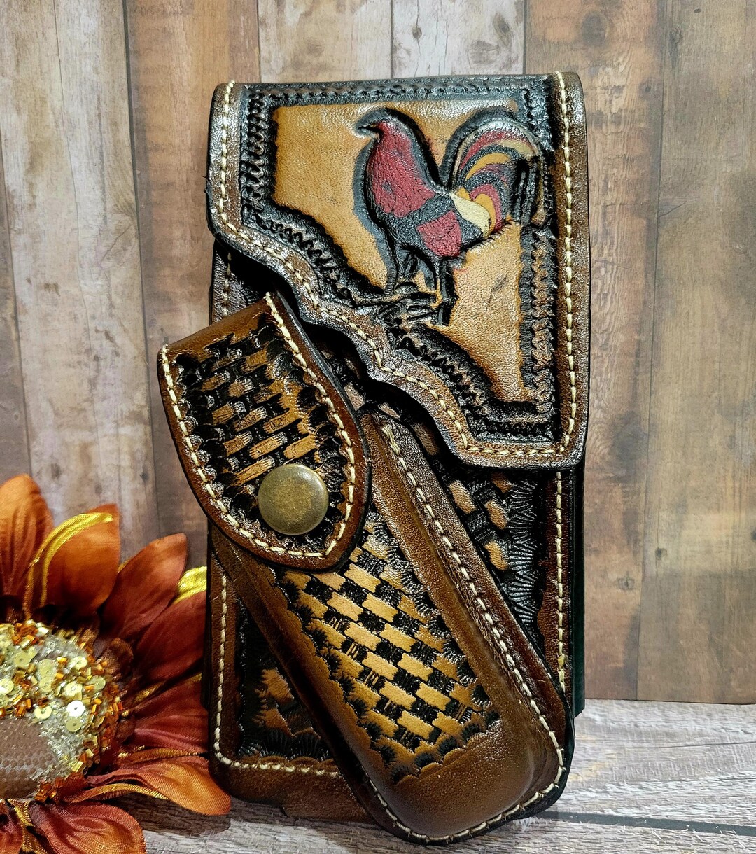 Rooster Phone Holster With Knife Sheath Western Phone Case Genuine ...
