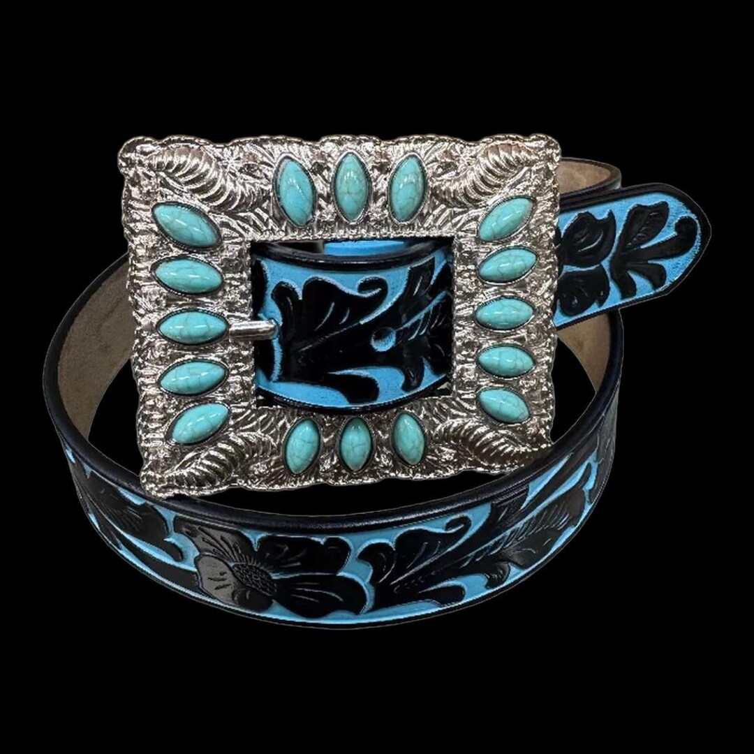 Cowgirl Turquoise Black Western Belt, Tooled Design Genuine Leather ...
