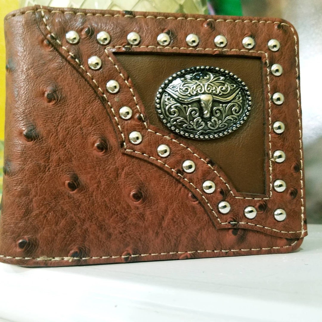 Longhorn Mens Wallet Western Bifold Short Ostrich Brown Texas Cowboy ...