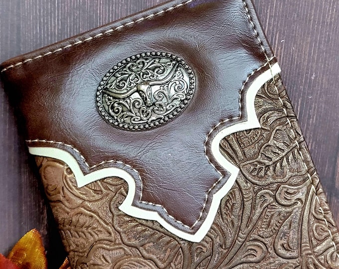 NICE Vintage Western Bifold “DEB” Floral Wallet Brown Leather Hand ...