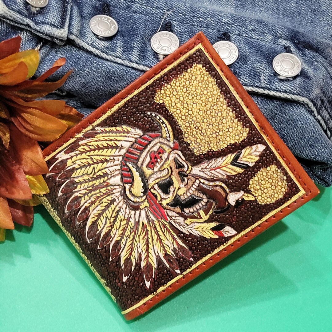 Native American Mens Wallet Indian Chief Skull Head Western Bifold ...