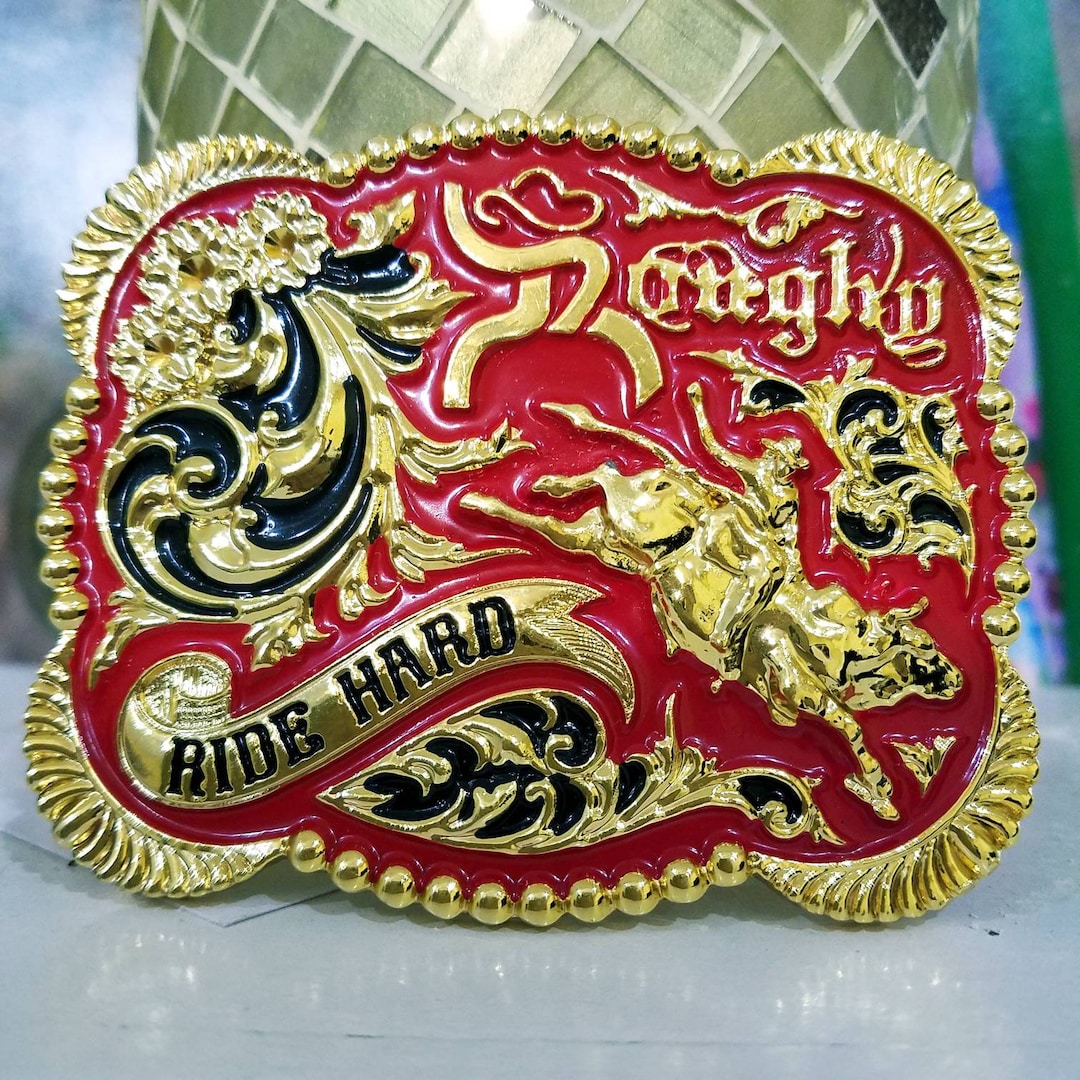 Western Belt Buckle Bullrider RIDE HARD 3.5x4 Inches Red and Black for ...