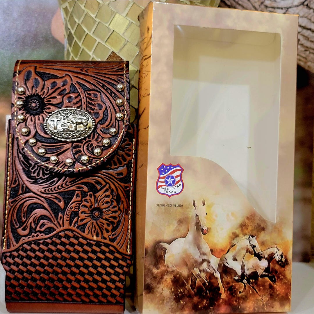 Praying Cowboy Phone Holster Western Genuine Leather Belt Loop Phone ...