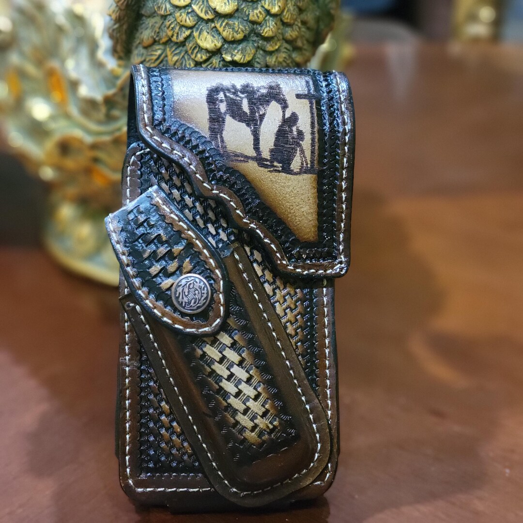 Praying Cowboy Phone Holster With Knife Sheath Religious Genuine ...
