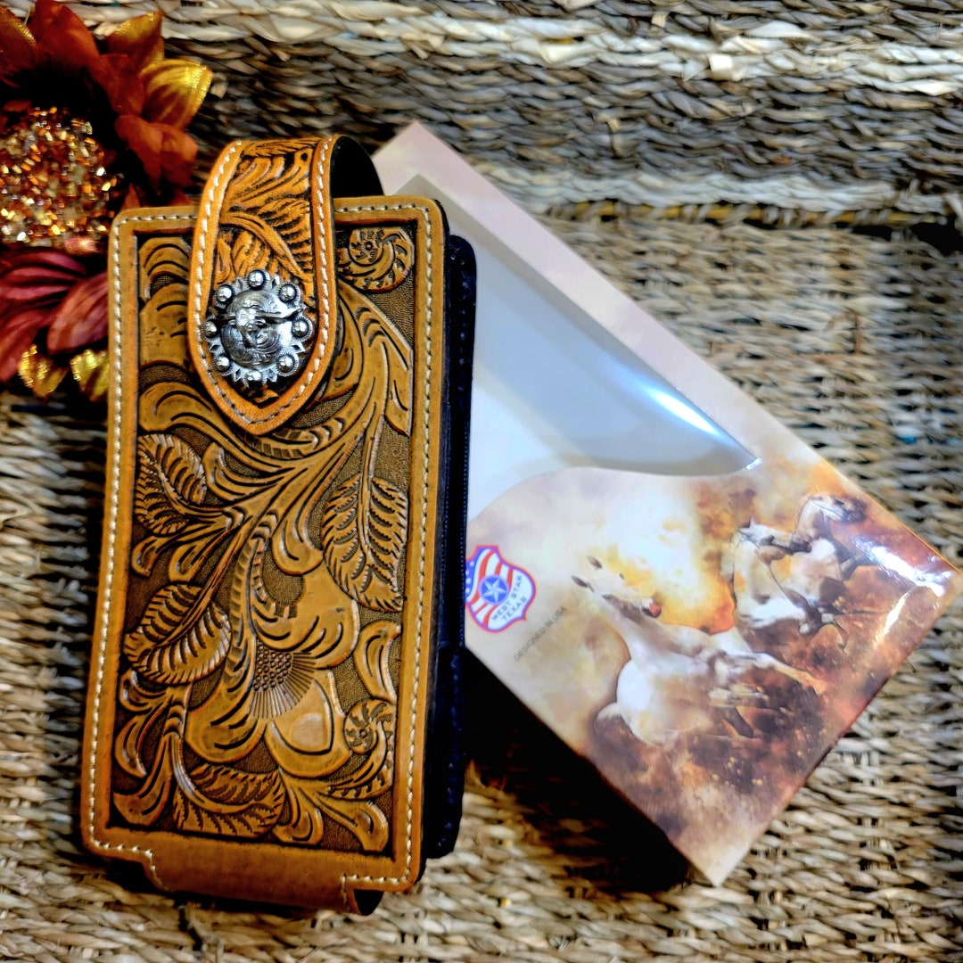 Longhorn Steerhead Western Cowboy Leather Phone Holster Holder Tan ...