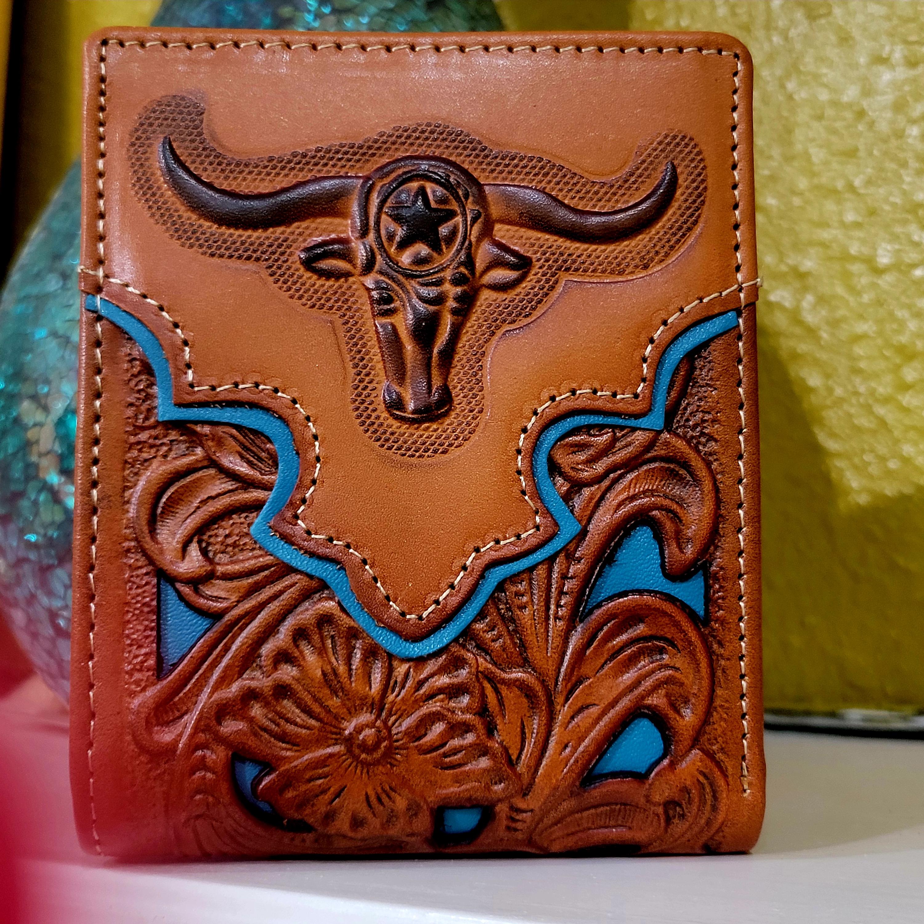 Longhorn Texas Mens Wallet Western GENUINE LEATHER Short Bifold Tan and ...