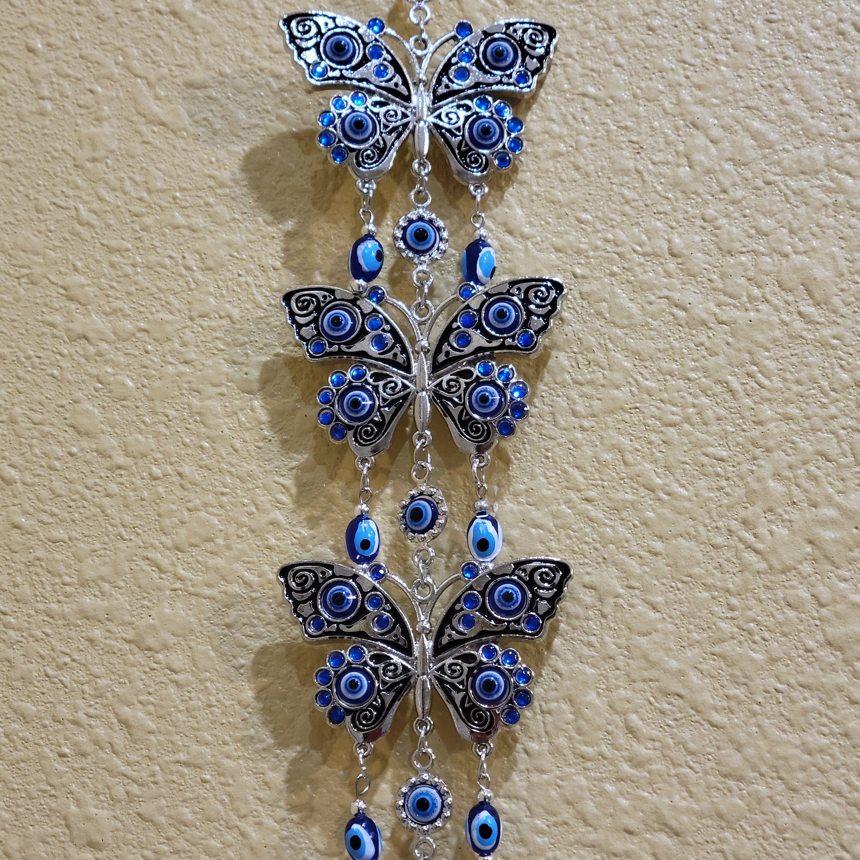 Butterflies Turkish Blue Evil Eye Wall Hanging Decor With Three ...