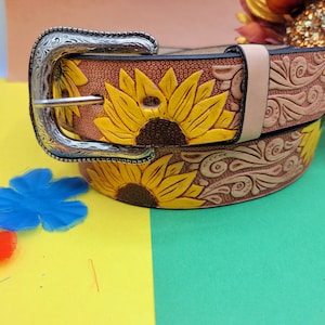 Women's Sunflower Belt Handtooled Handpainted SZ 36 Genuine Leather - Etsy