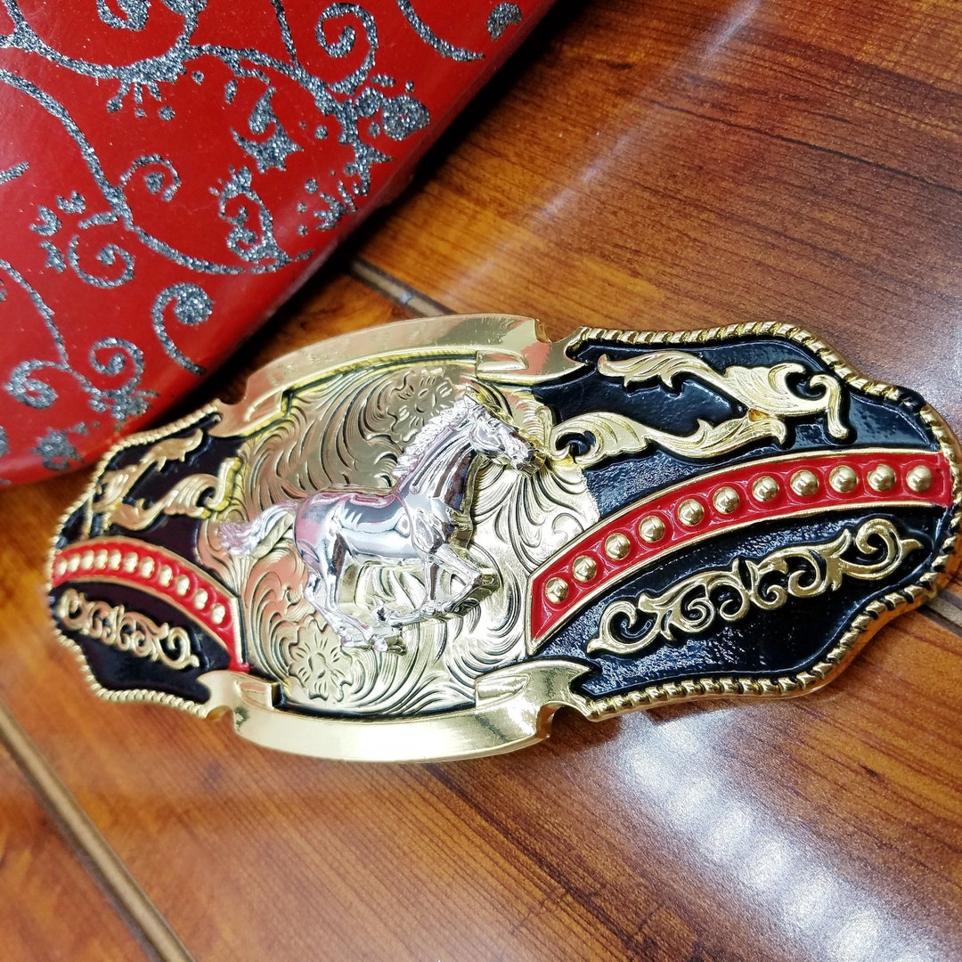 Running Horse Western Mens Long Belt Buckle 7x3.5 " Gold Red & Black ...