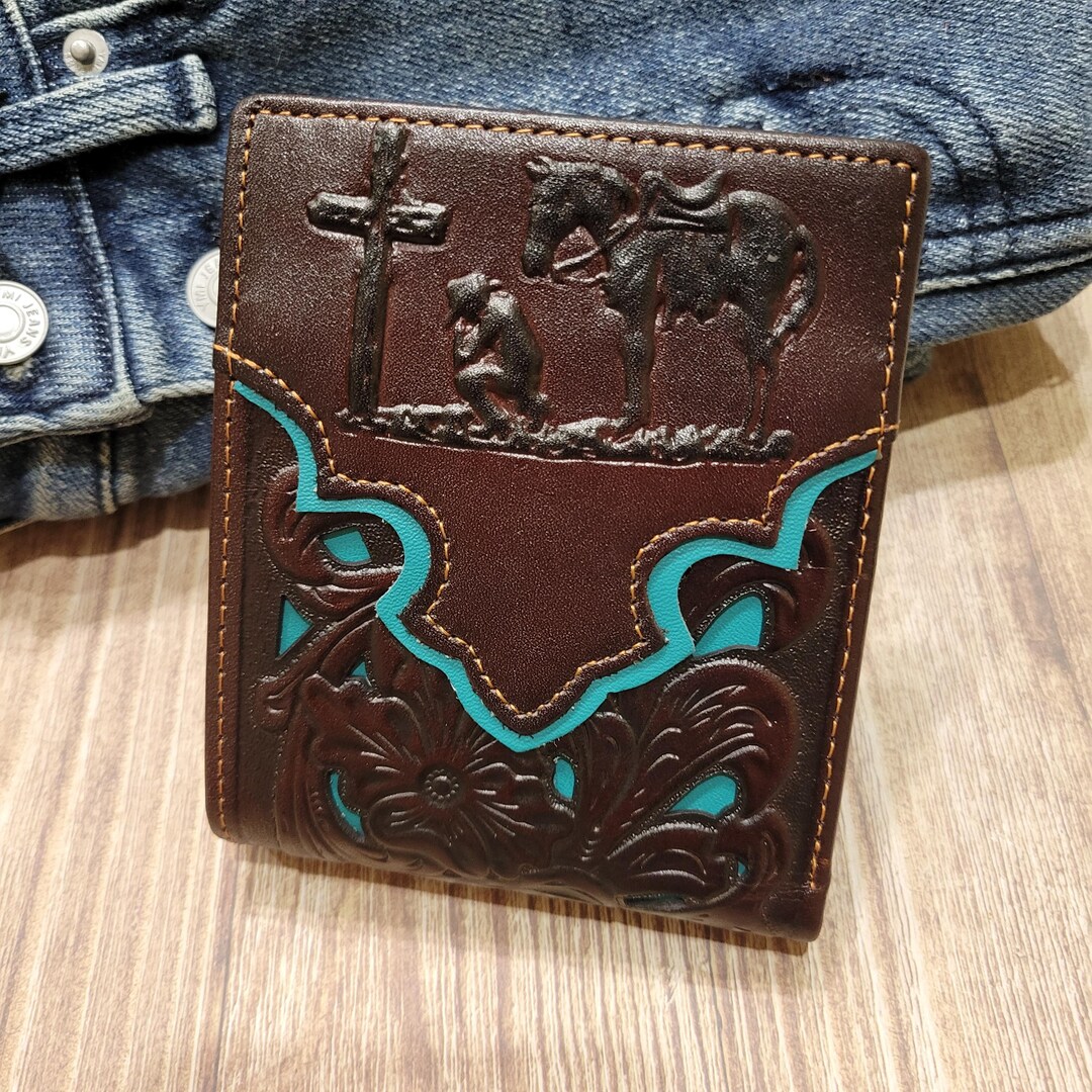 Praying Cowboy Western Mens Wallet GENUINE LEATHER Rodeo Short Bifold ...