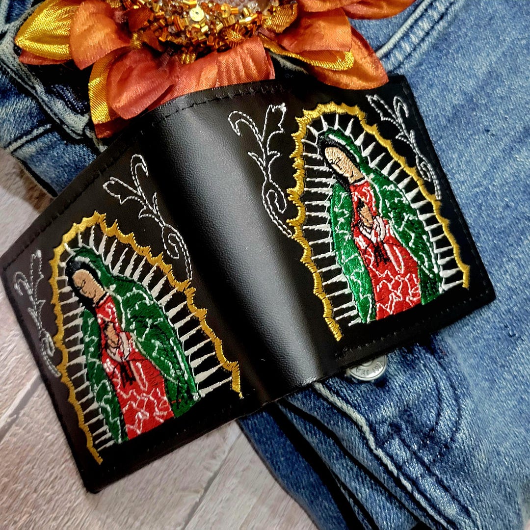 Virgen De Guadalupe Wallet Men's Two Sided Embroidered Leather Mexican ...
