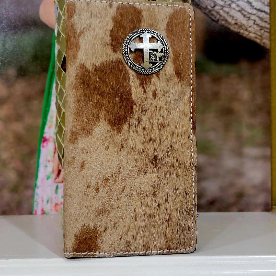 Praying Cowboy Western Wallet Genuine Leather Cowhair Rodeo Long Bifold ...