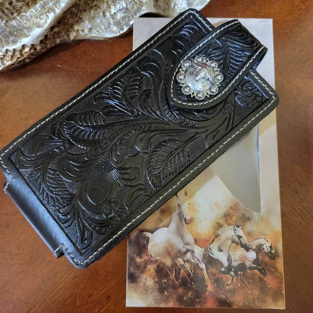 Longhorn Western Cowboy Leather Phone Holster Holder BLACK for Larger ...