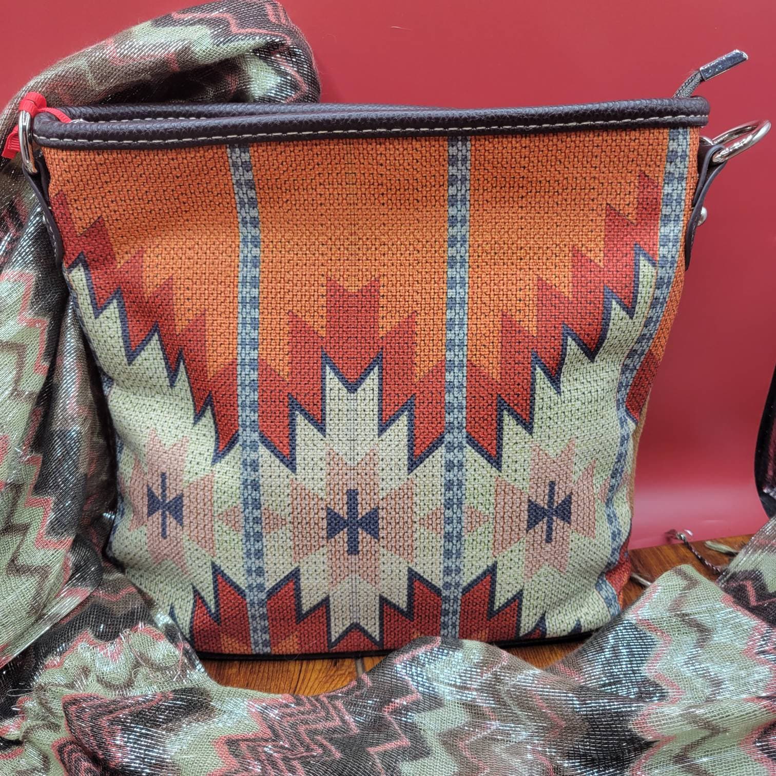 Aztec Canvas Shoulder Bag Western Crossbody Orange Beige Navajo Boho ...