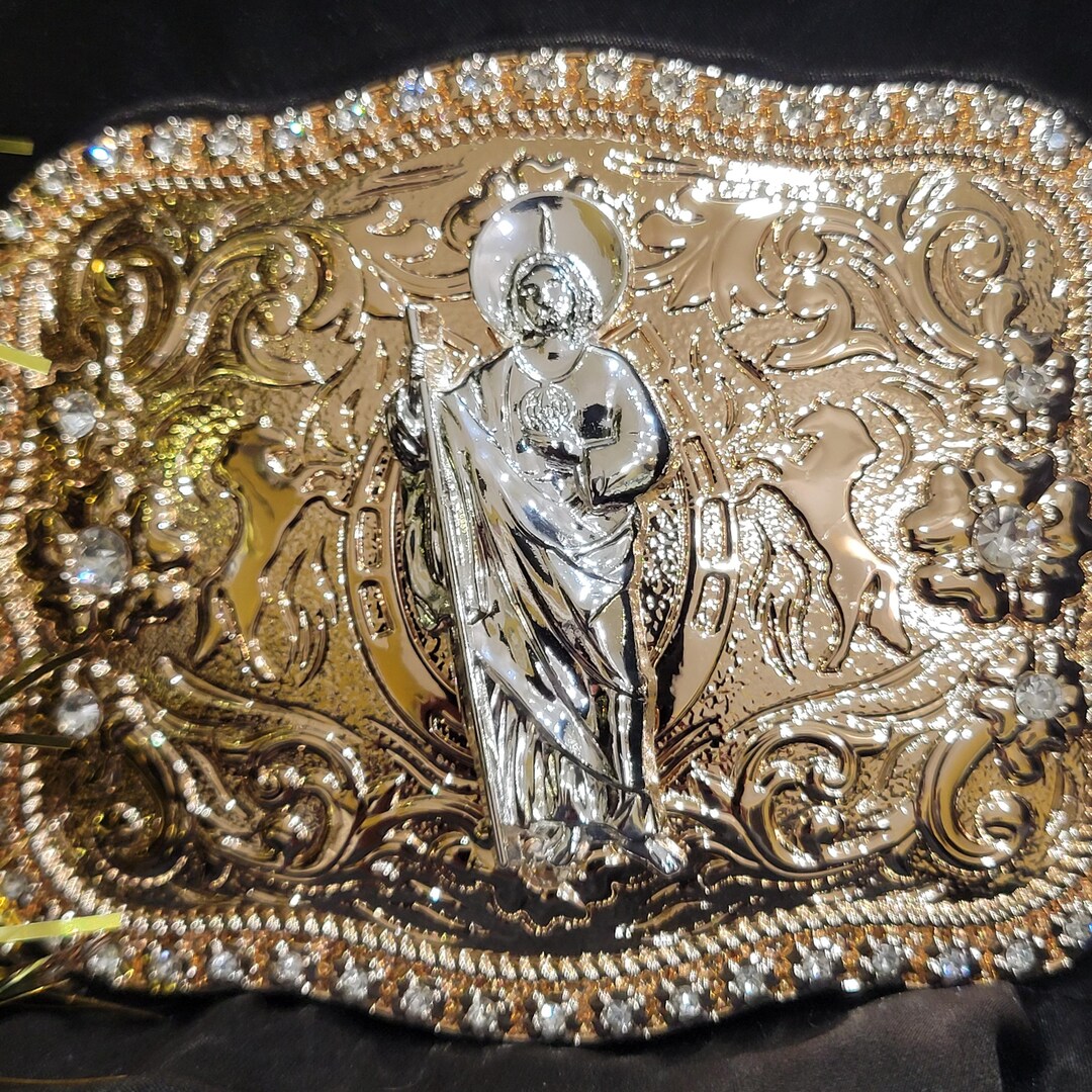 Saint Jude San Judas Western Belt Buckle Rose Tone, Black Silver Heavy ...