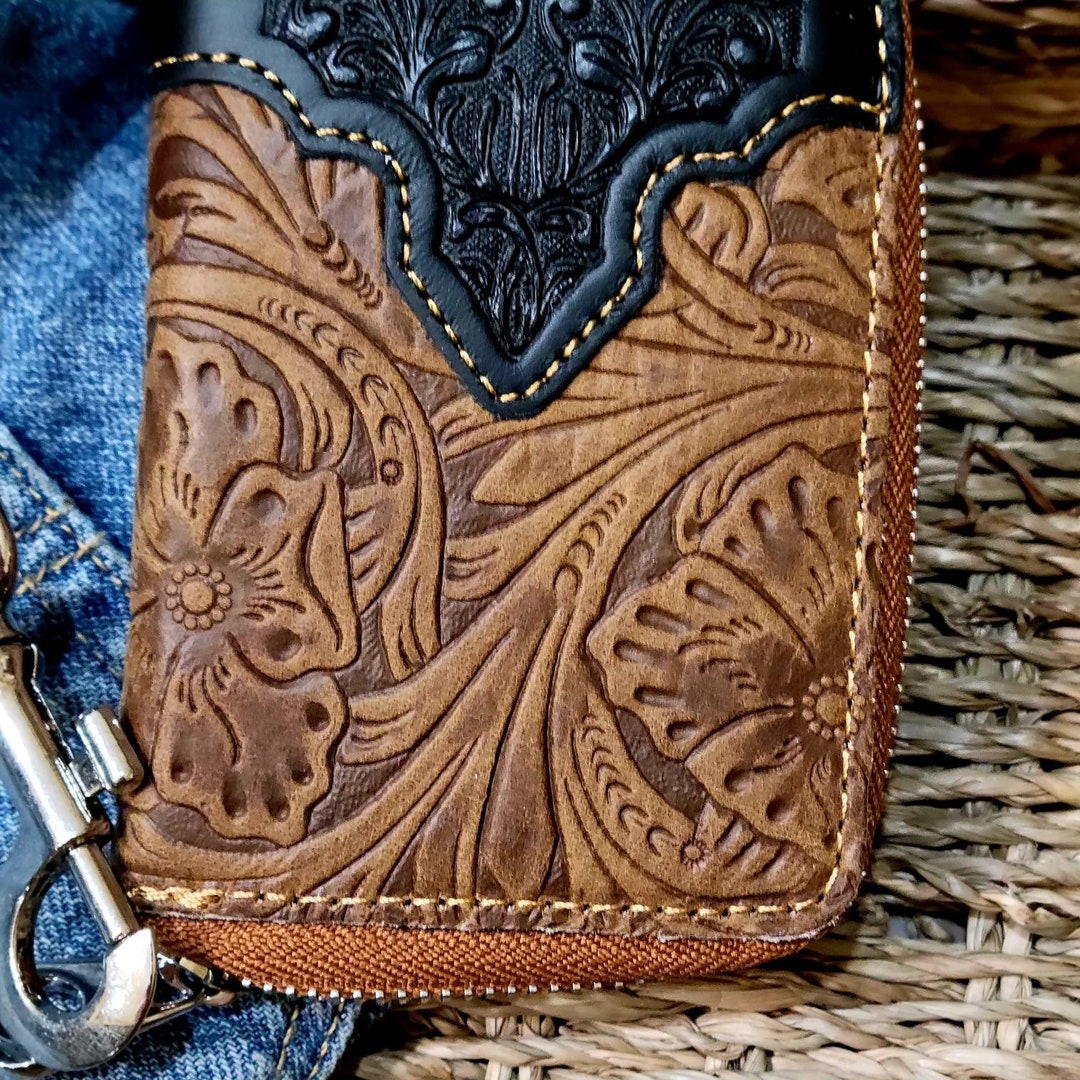 Western Chain Wallet Real Leather Credit Card Holder Floral Tooled Hip ...