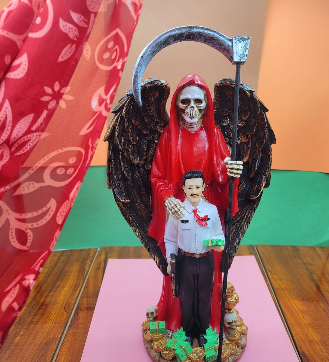 Santa Muerte & Jesus Malverde Statue Red 13" Holy Death Grim Reaper ...