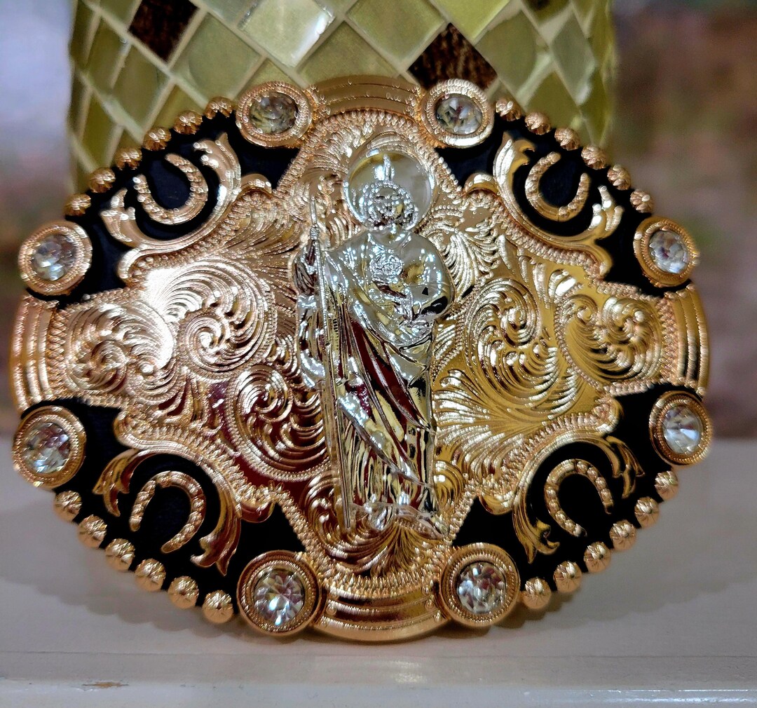 Saint Jude San Judas Western Belt Buckle Rose Tone, Black Silver Heavy ...