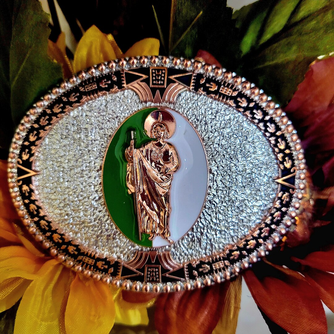 Saint Jude San Judas Western Belt Buckle Rose Tone and Silver Heavy ...