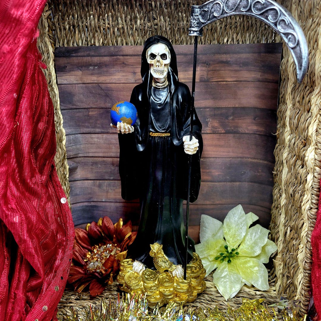 BLACK SANTA MUERTE Statue 12 Inch Holy Death Grim Reaper on Money Coin ...
