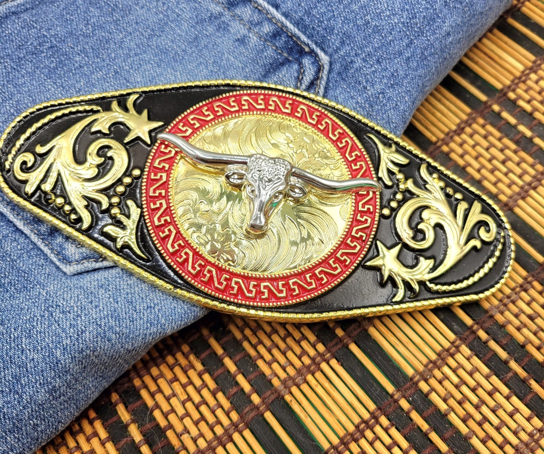 Longhorn Western Men Long Belt Buckle Steerhead Jeans Rodeo 7x3.5 Gold ...