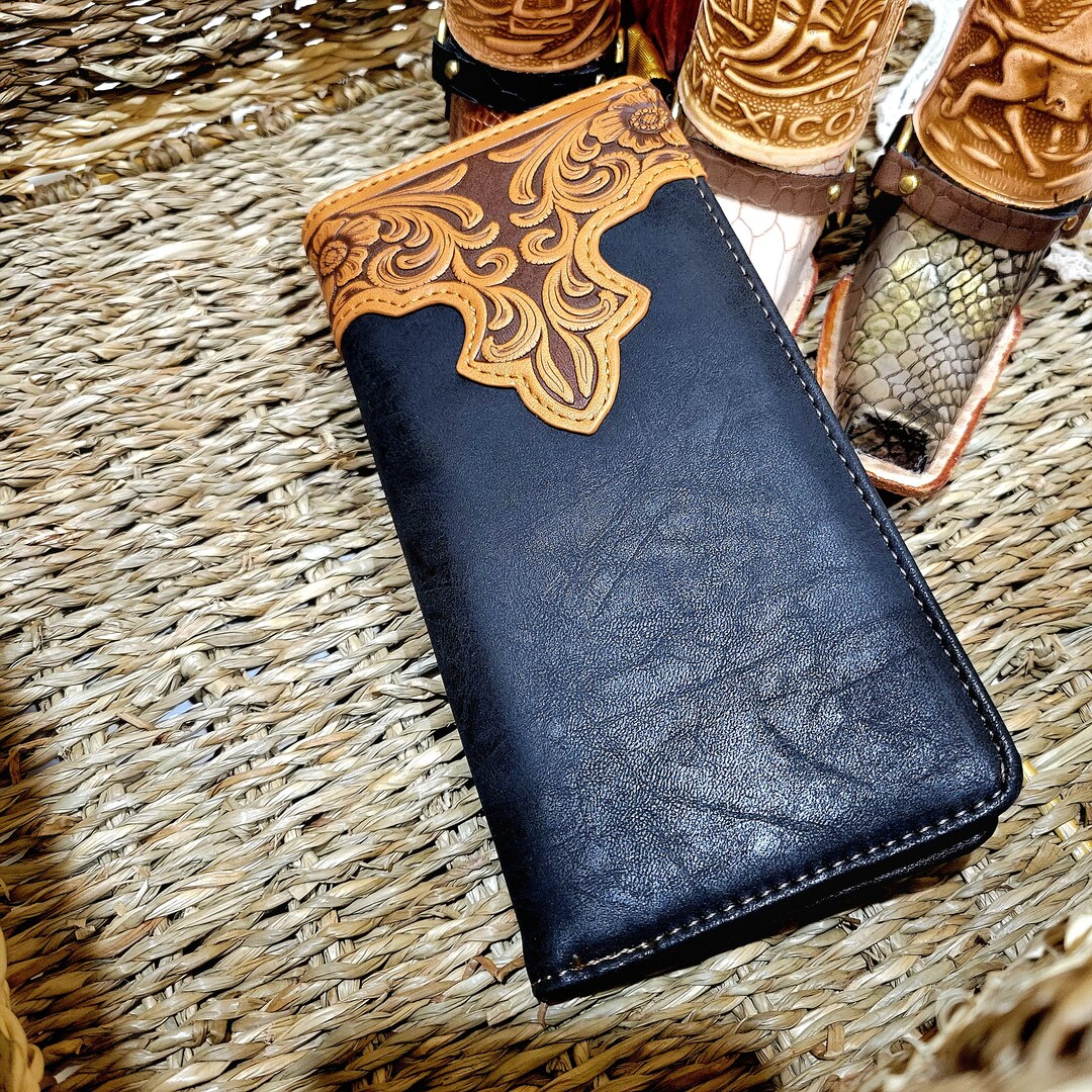 Western Wallet Faux Leather Handtooled Bifold Checkbook Style Black ...