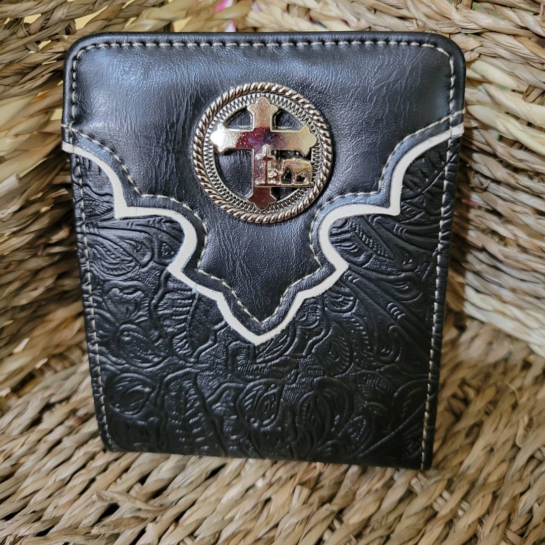 Cross Praying Cowboy Western Wallet Short Bi-fold Embossed Look Faux ...