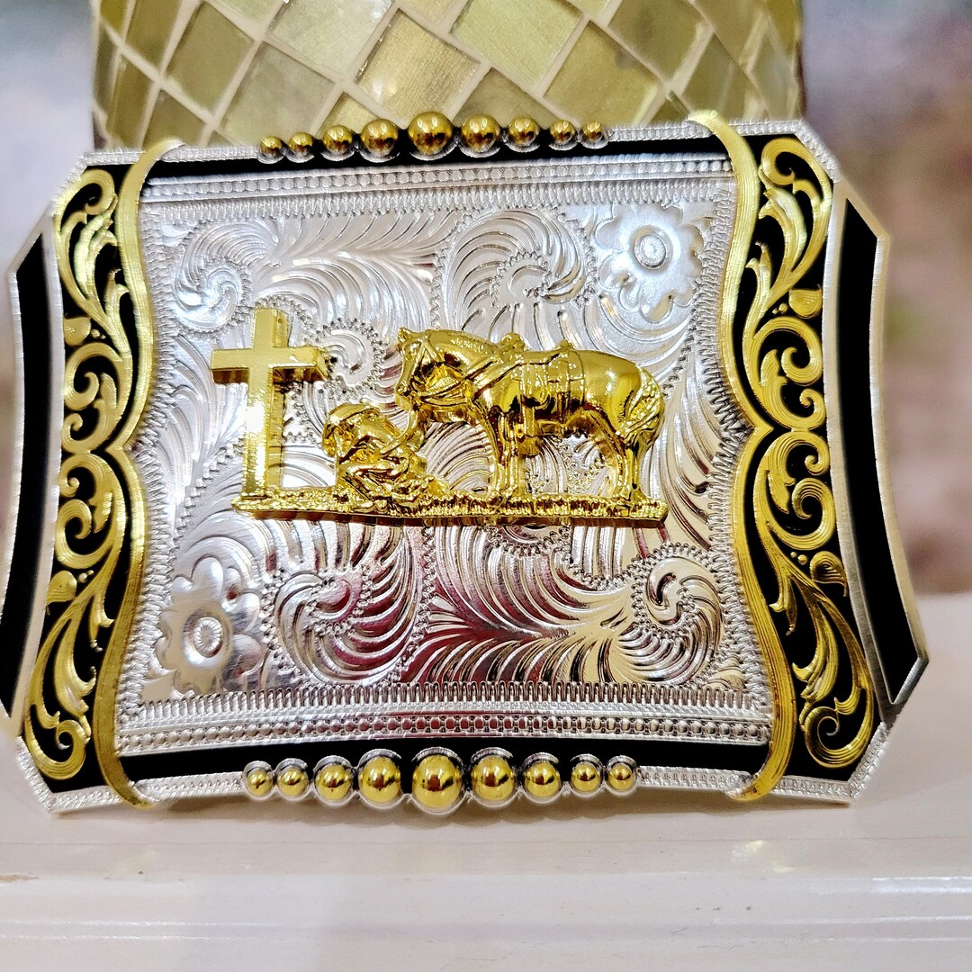 Praying Cowboy Western Belt Buckle Gold Silver Heavy Black Gold Silver ...