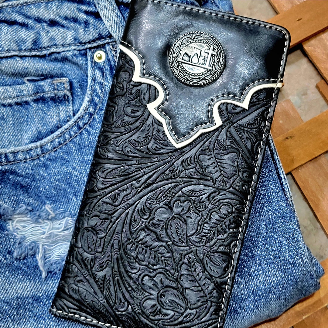 Mens Wallet Cross Praying Cowboy Western Bifold Tooled Look Black Check ...