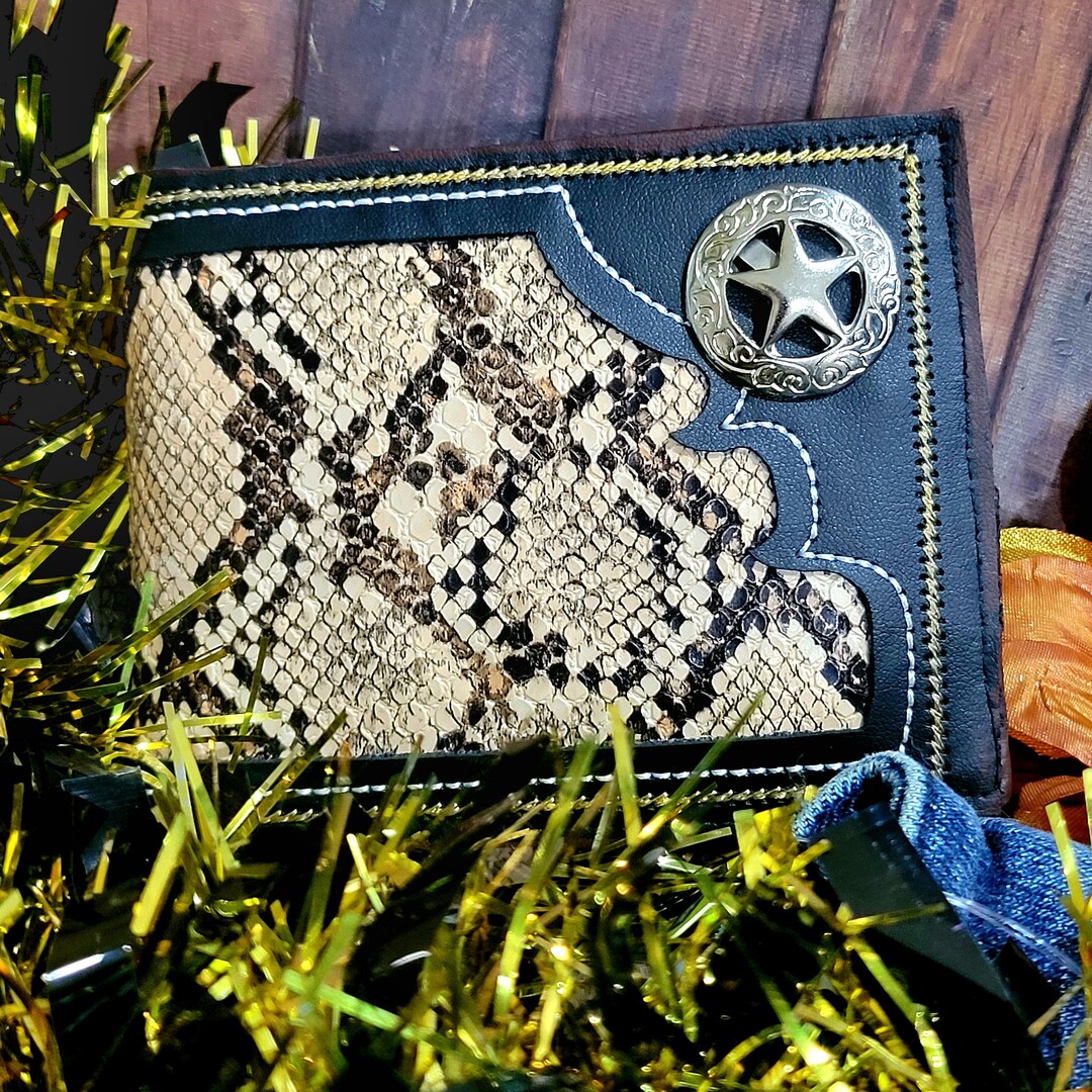 Sheriff Star Mens Wallet Snake Pattern Western Wallet Bifold Brown Real ...