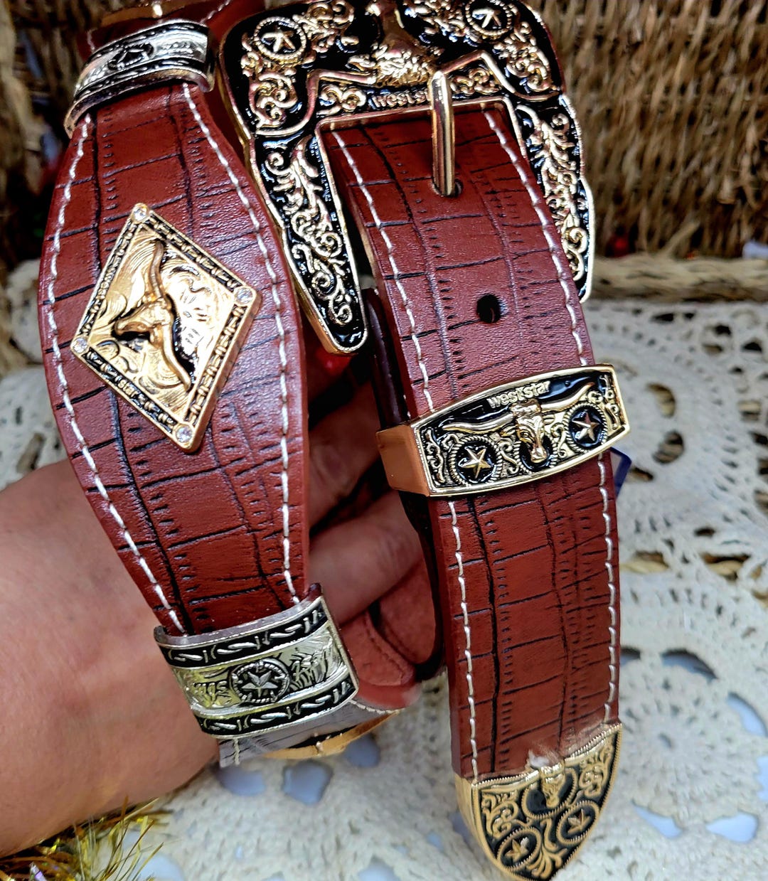 Longhorn Western Belt Cowboy Belt Genuine Leather Gold and Brown Texas ...