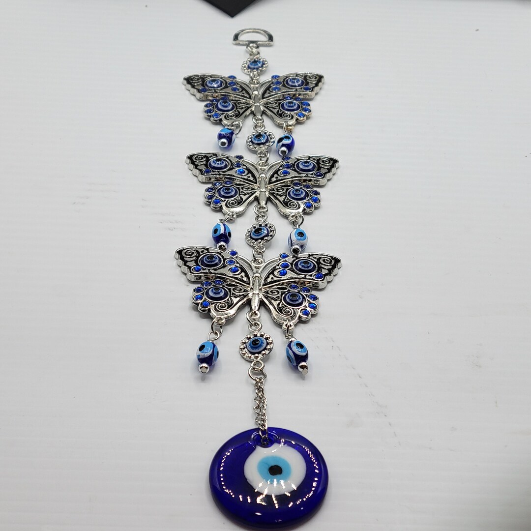 Butterflies Turkish Blue Evil Eye Wall Hanging Decor With Three ...