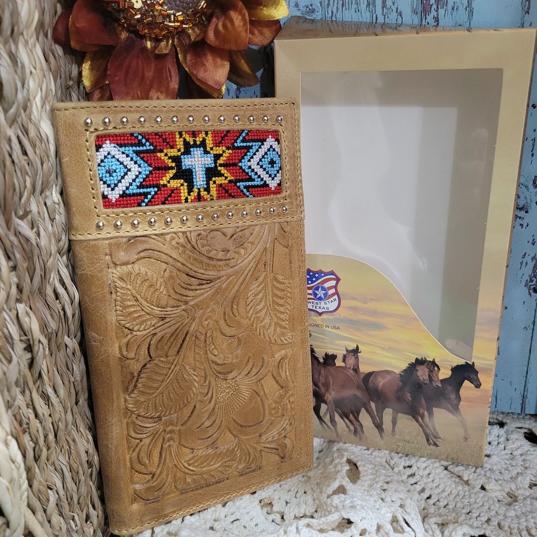 Western Wallet Cross Aztec Pattern Wallet Beige Genuine Leather Bifold ...