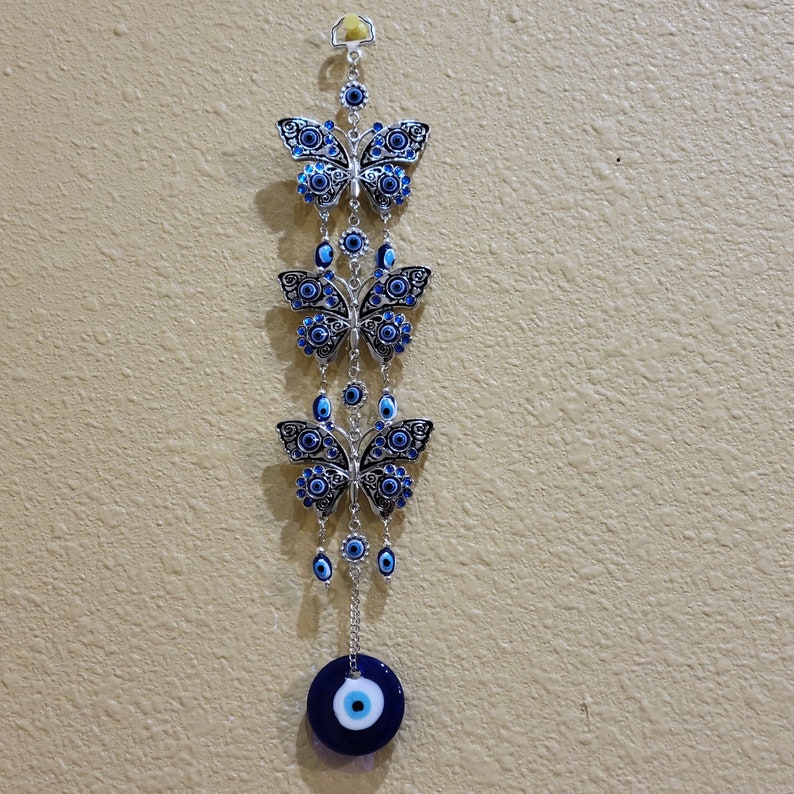 Butterflies Turkish Blue Evil Eye Wall Hanging Decor With Three ...