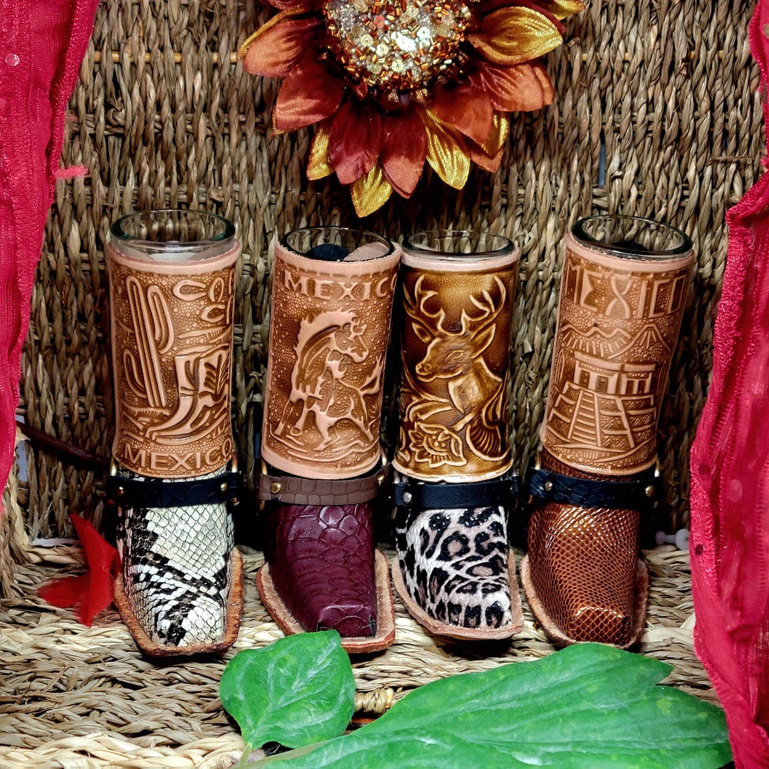 Mexican Leather Wrapped Shot Glass Table Decor, Holder Cowboy Boot ...