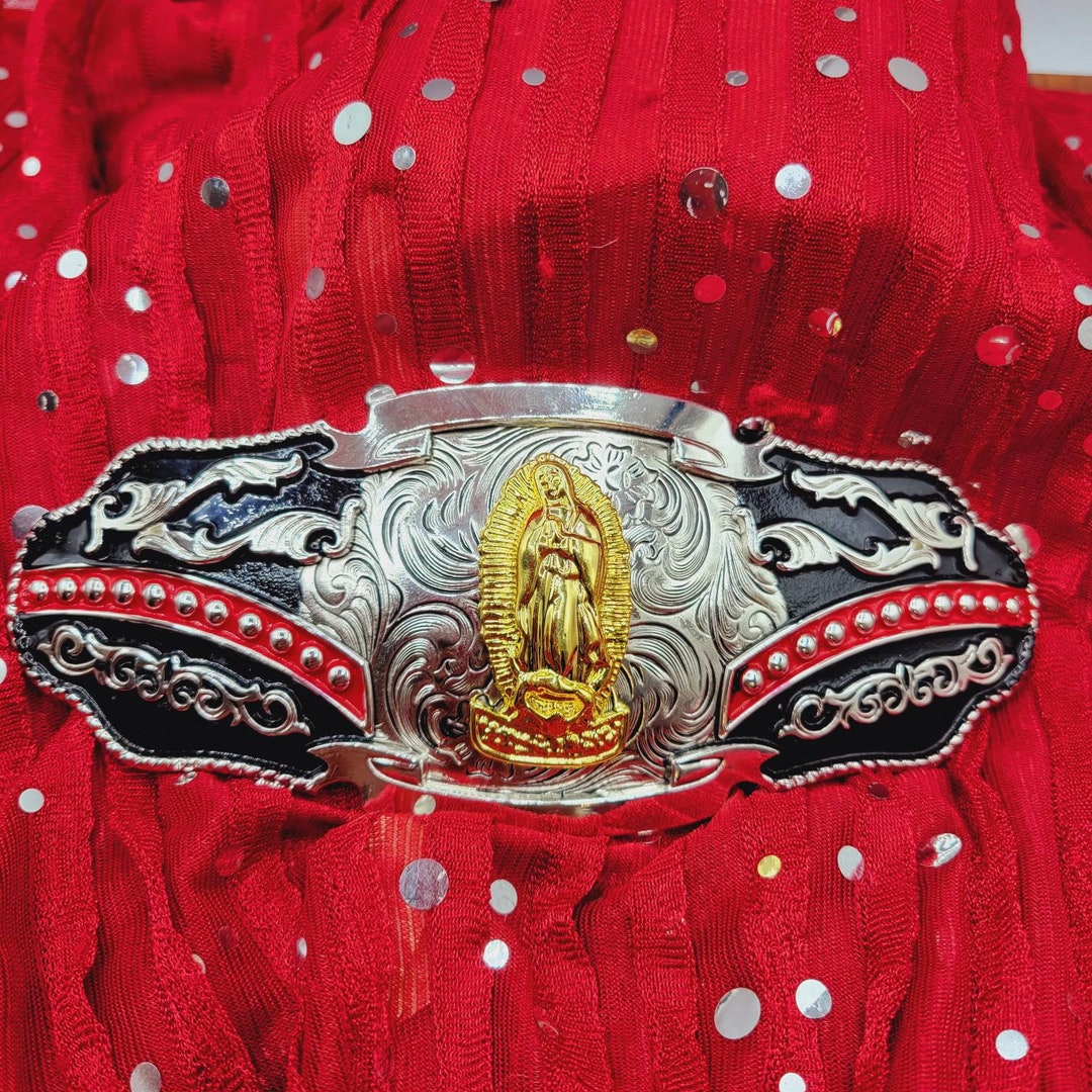 Our Lady De Guadalupe Western Mens Long Belt Buckle 7x3.5 Silver Red ...