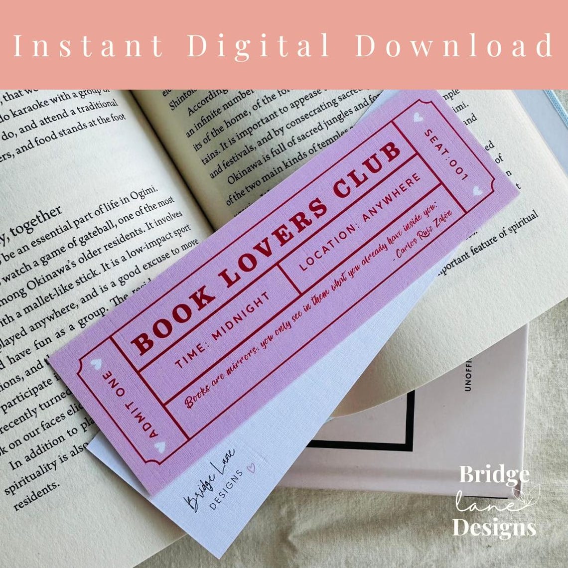 Digital Vintage Theatre Ticket Bookmark: Book Lovers Club (printable ...