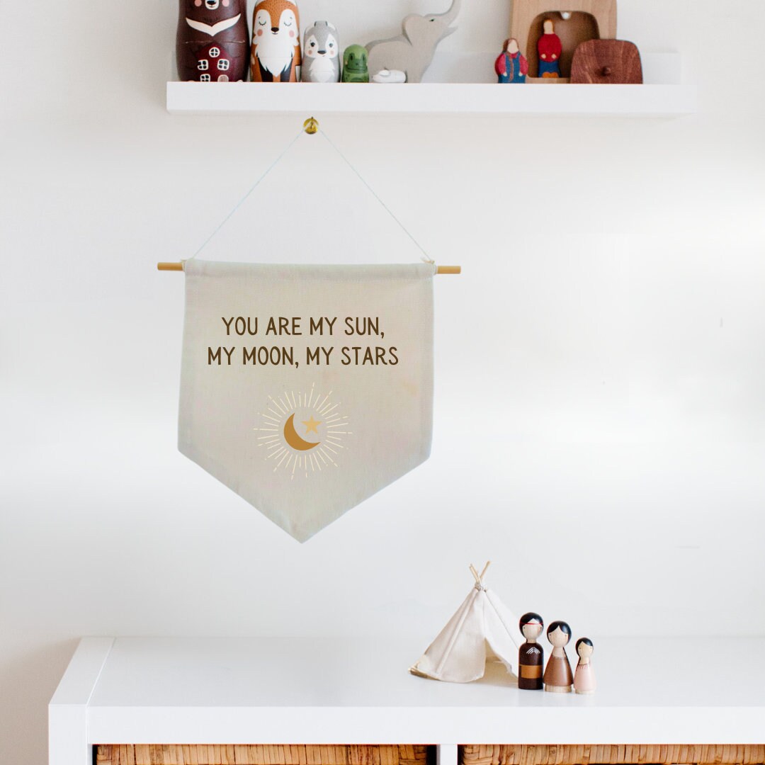 Sun, Moon, Stars Banner Canvas Pennant Flag Personalised Baby Nursery ...