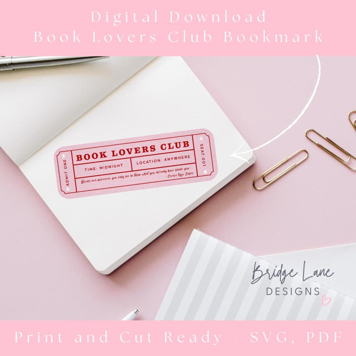 Digital Vintage Theatre Ticket Bookmark: Book Lovers Club (printable ...