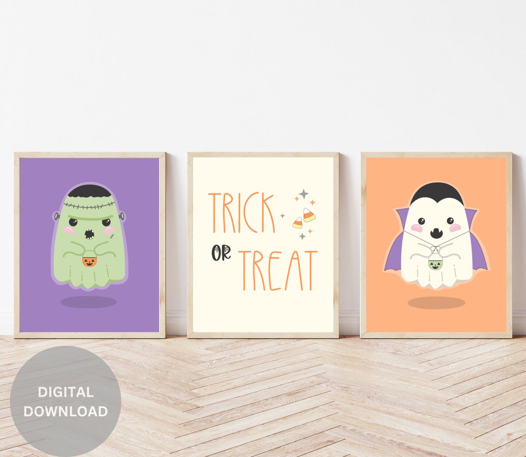 Set of Three Cute Halloween Wall Art, Cute Ghost Art, Ghost Costume ...